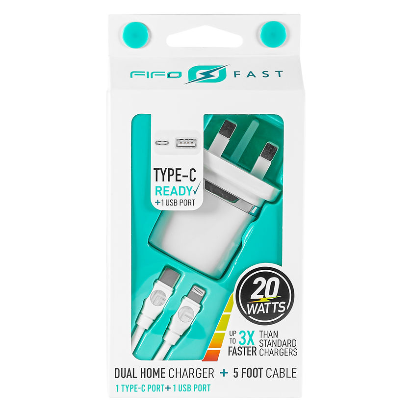 Fifo Dual Home Charger C to Lightning 5 ft 1 USB-C + 1 Usb Port ...
