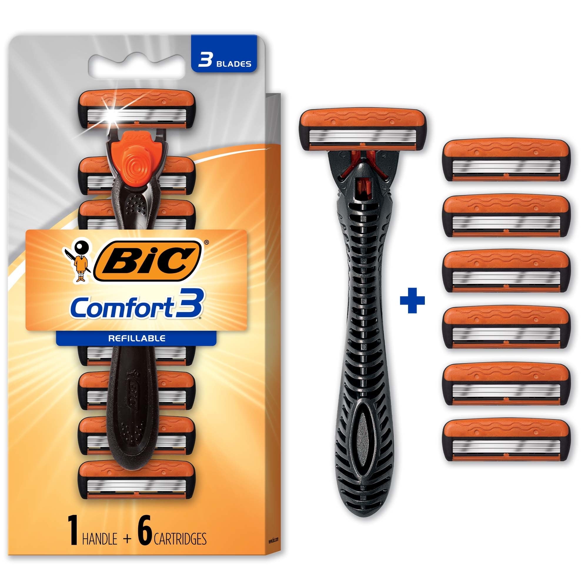 Bic Comfort 3 Razor de tres palas recargable, 1 mango y 6 cartuchos ...