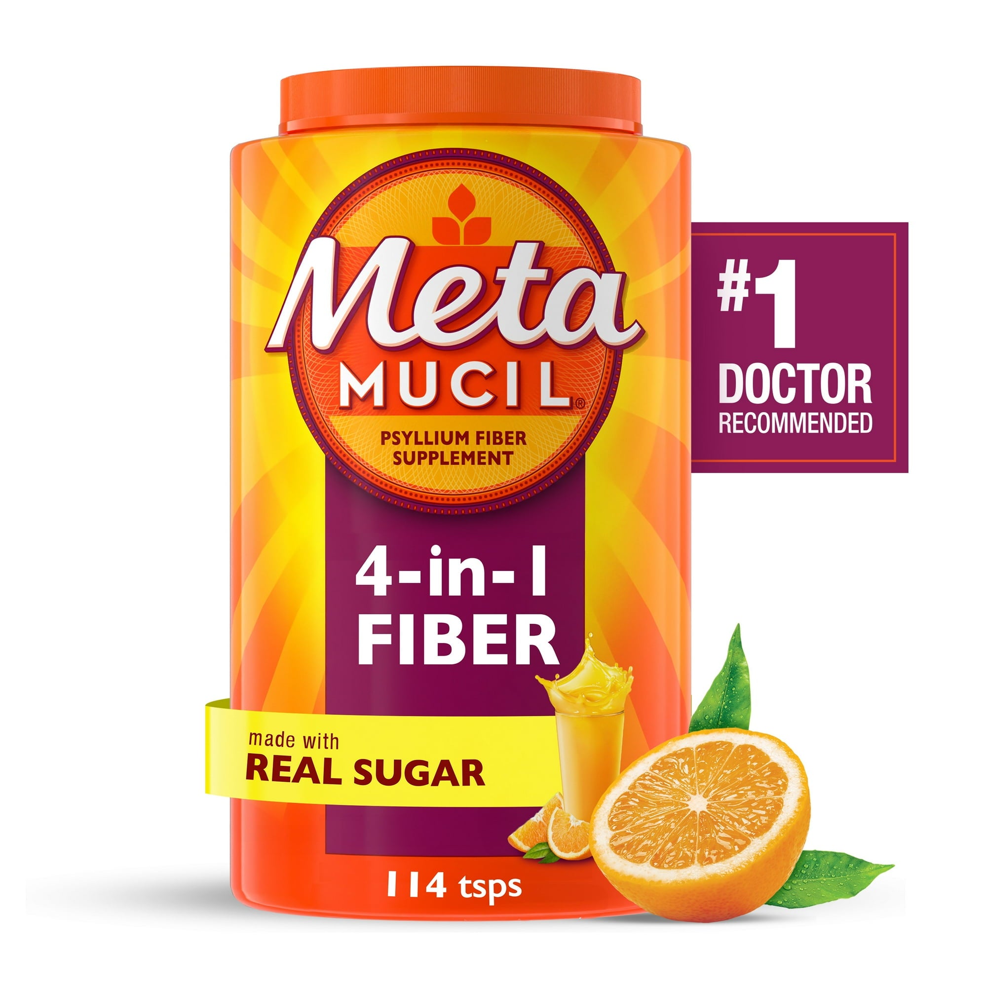 Metamucil Fiber Supplement with Real Sugar Orage Smooth Texture 48.2oz ...